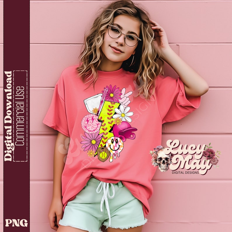 Softball Lightning Bolt PNG: Floral Smiley Face Design (digital ...