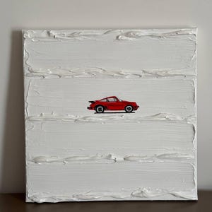 Original Minimalist Textured Art – Red Porsche on White Abstract Canvas ...