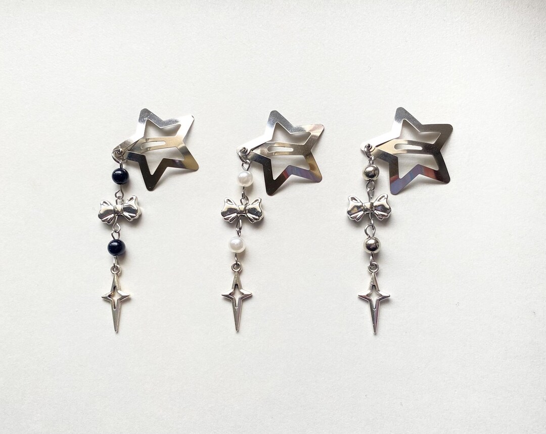 Y2k Acubi Bow Silver Star Hair Clips - Etsy