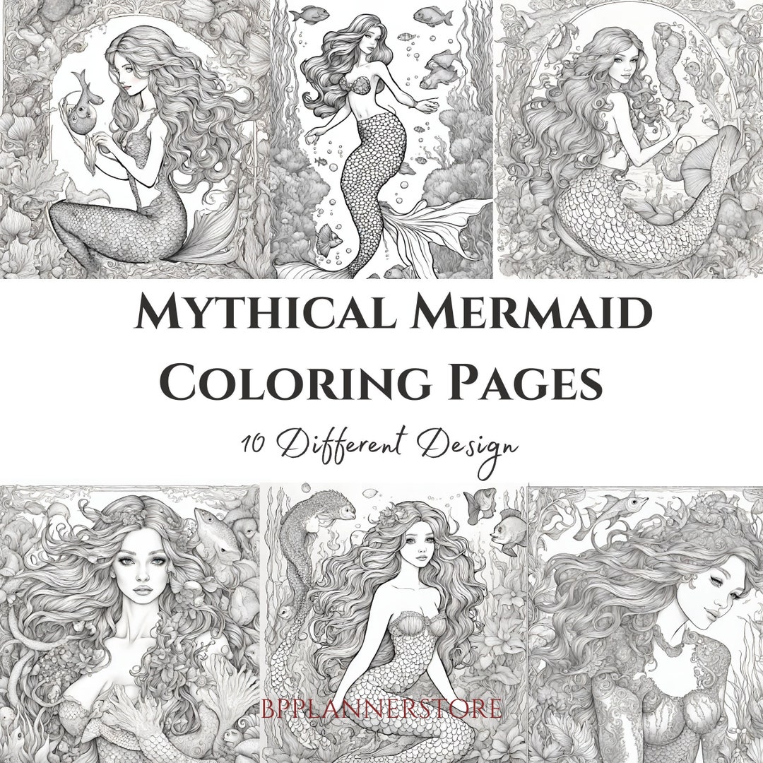 10 Magical Mermaid Coloring Pages, Adult and Kids Coloring Book ...