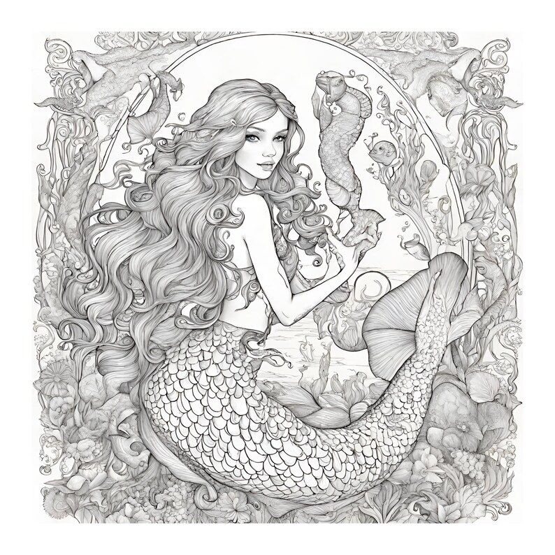10 Magical Mermaid Coloring Pages, Adult and Kids Coloring Book ...