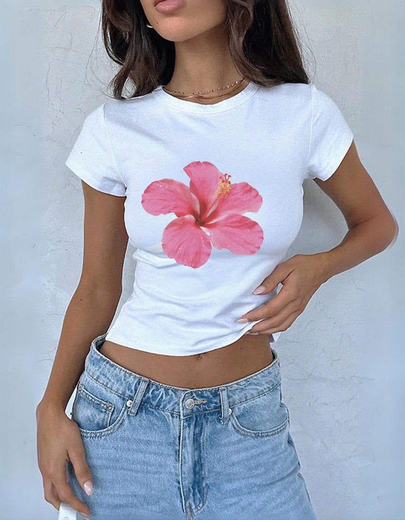 Pink Hibiscus Flower 90s Baby Tee, Aesthetic Y2K Baby Tee, Summer 90s T ...