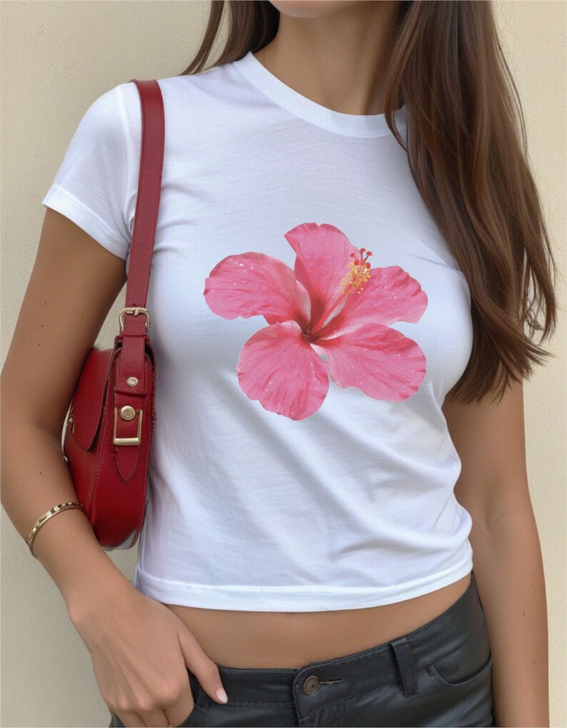 Pink Hibiscus Flower 90s Baby Tee, Aesthetic Y2K Baby Tee, Summer 90s T ...