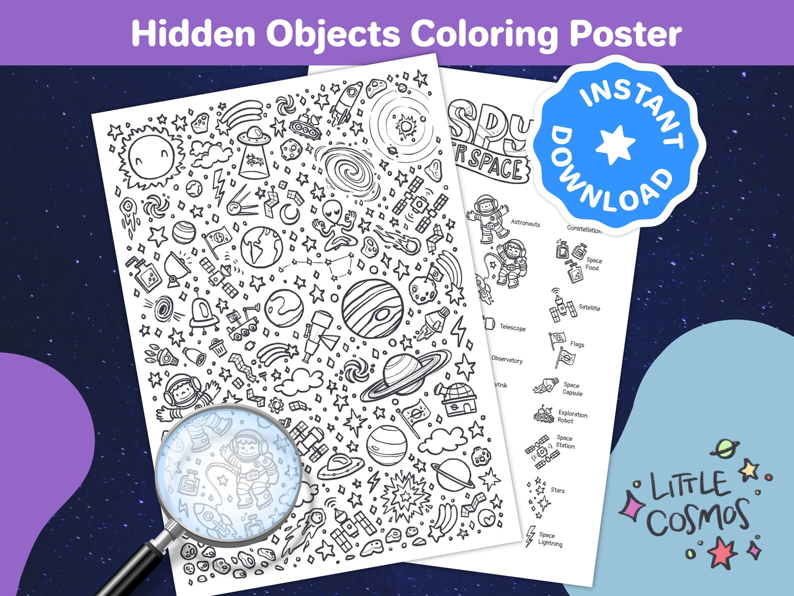 Digital Printable OUTER SPACE I SPY Coloring Poster Bundle & Hidden ...