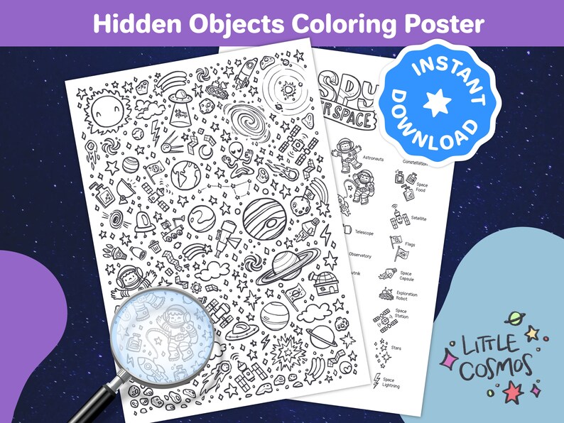 Digital Printable OUTER SPACE I SPY Coloring Poster Bundle & Hidden ...