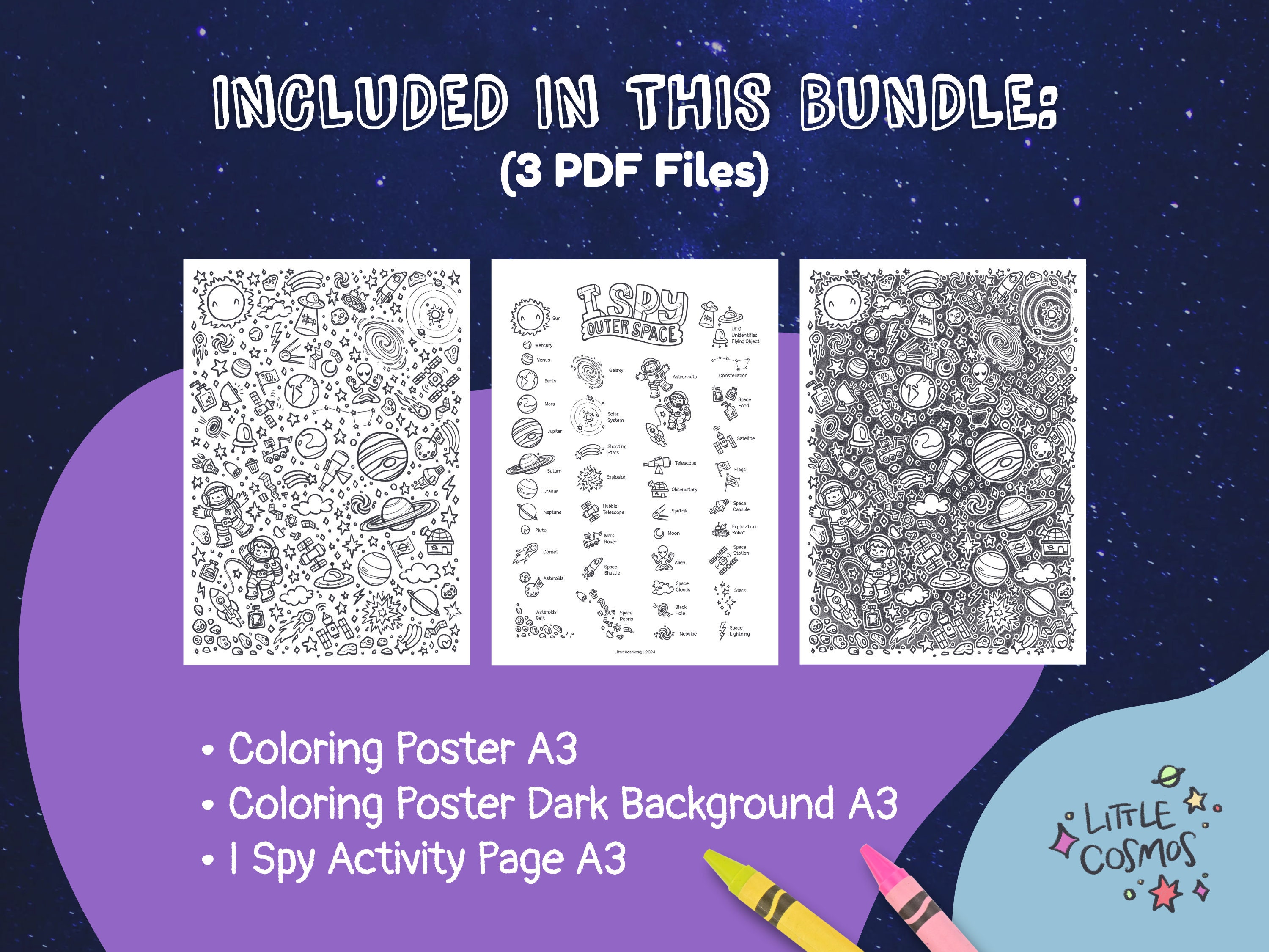 Digital Printable OUTER SPACE I SPY Coloring Poster Bundle & Hidden ...