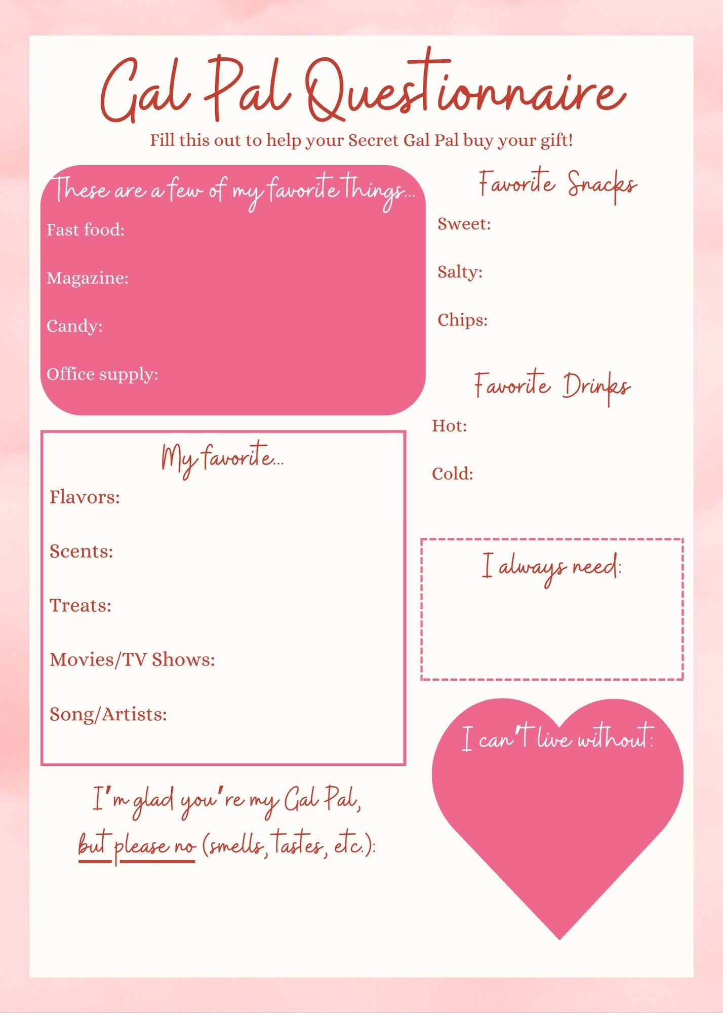 Canva Template: Secret Gal Pal Questionnaire - Etsy