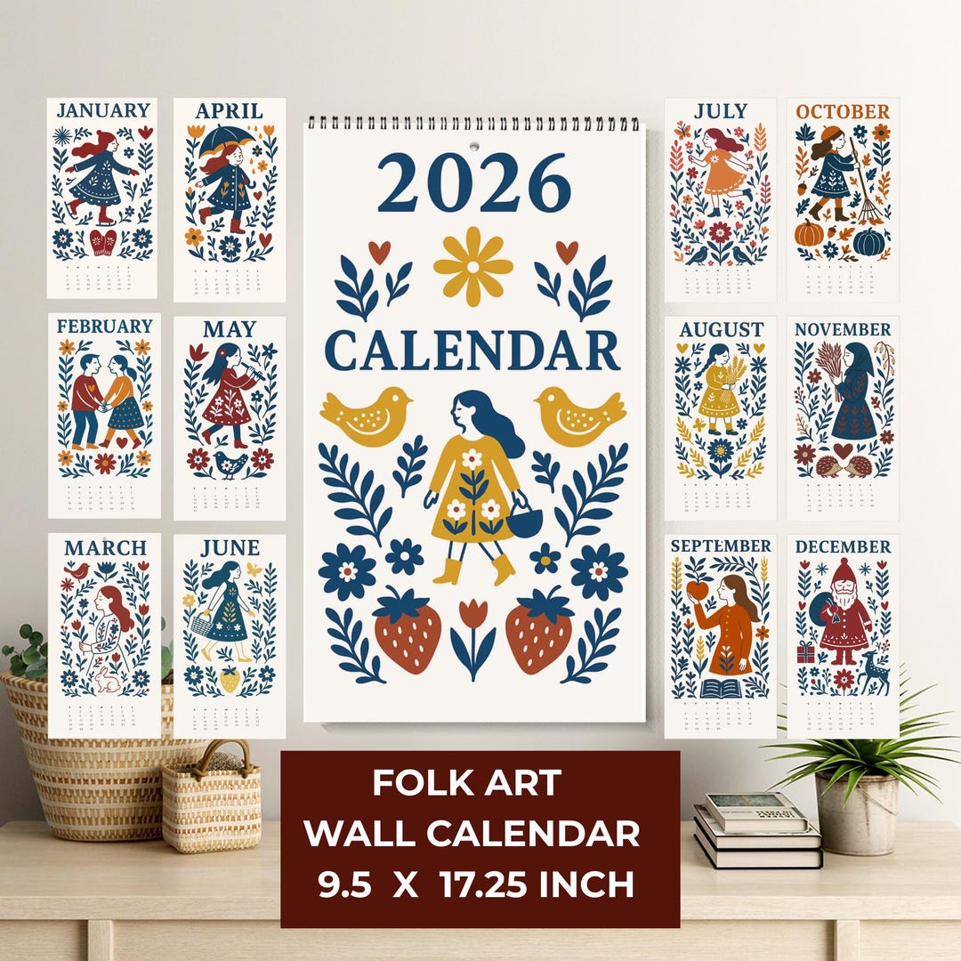 Folk Art Wall Calendar 2026 Scandinavian Illustration Nordic Floral ...