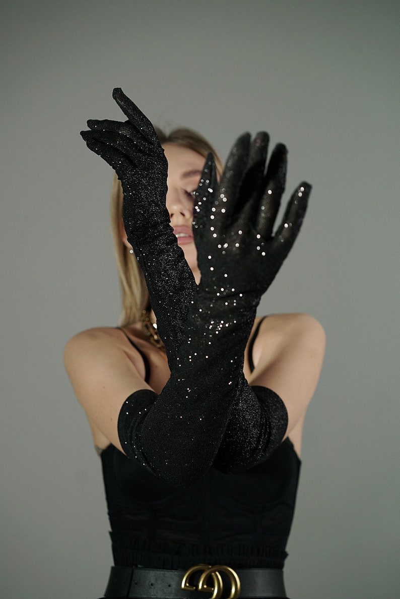 Elegance Unveiled: Black Shiny Glitter Gloves for a Dazzling Holiday ...