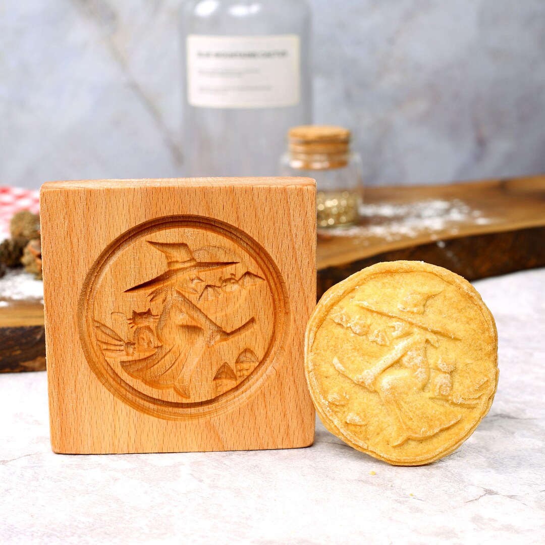 Wooden Witch Cookie Mold: Broom and Cat Design (3.9"x3.9") - Etsy