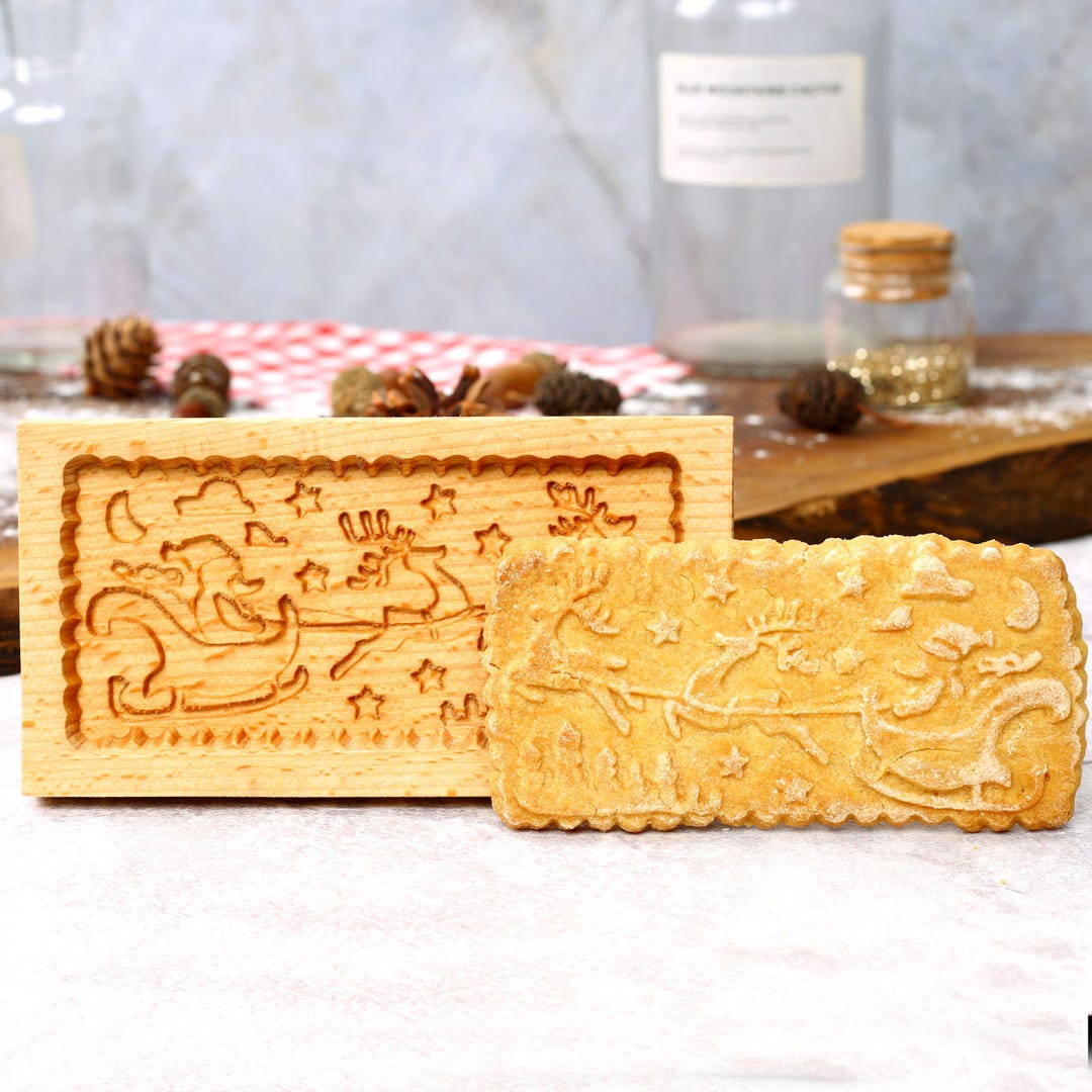 Wooden Cookie Mold, Santa Pulled by Elks, Cookie Cutter, Cookie Stamp ...