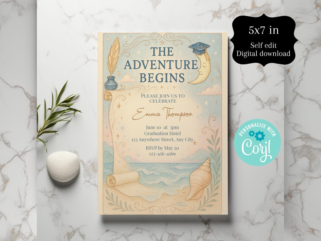 Adventure Awaits Graduate, Adventure Grad, Ocean Grad Invitation, Ocean ...
