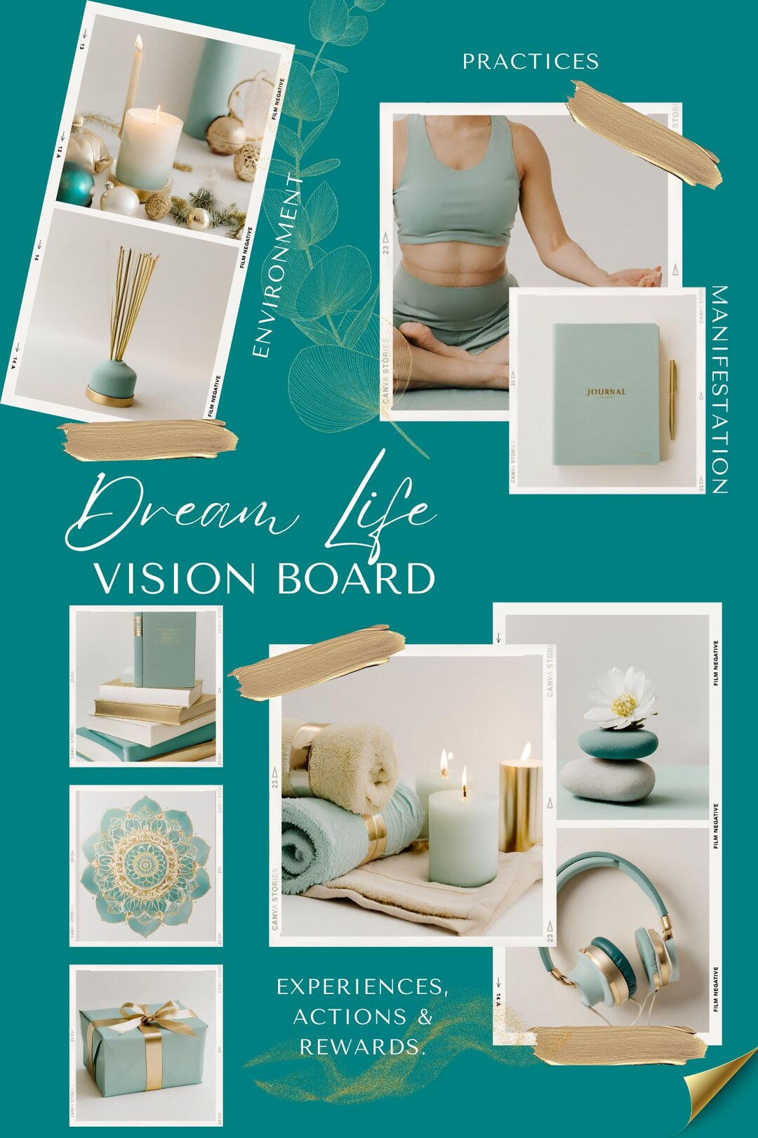 Vertical Vision Board Templates | Teal & Gold Manifestation Boards ...