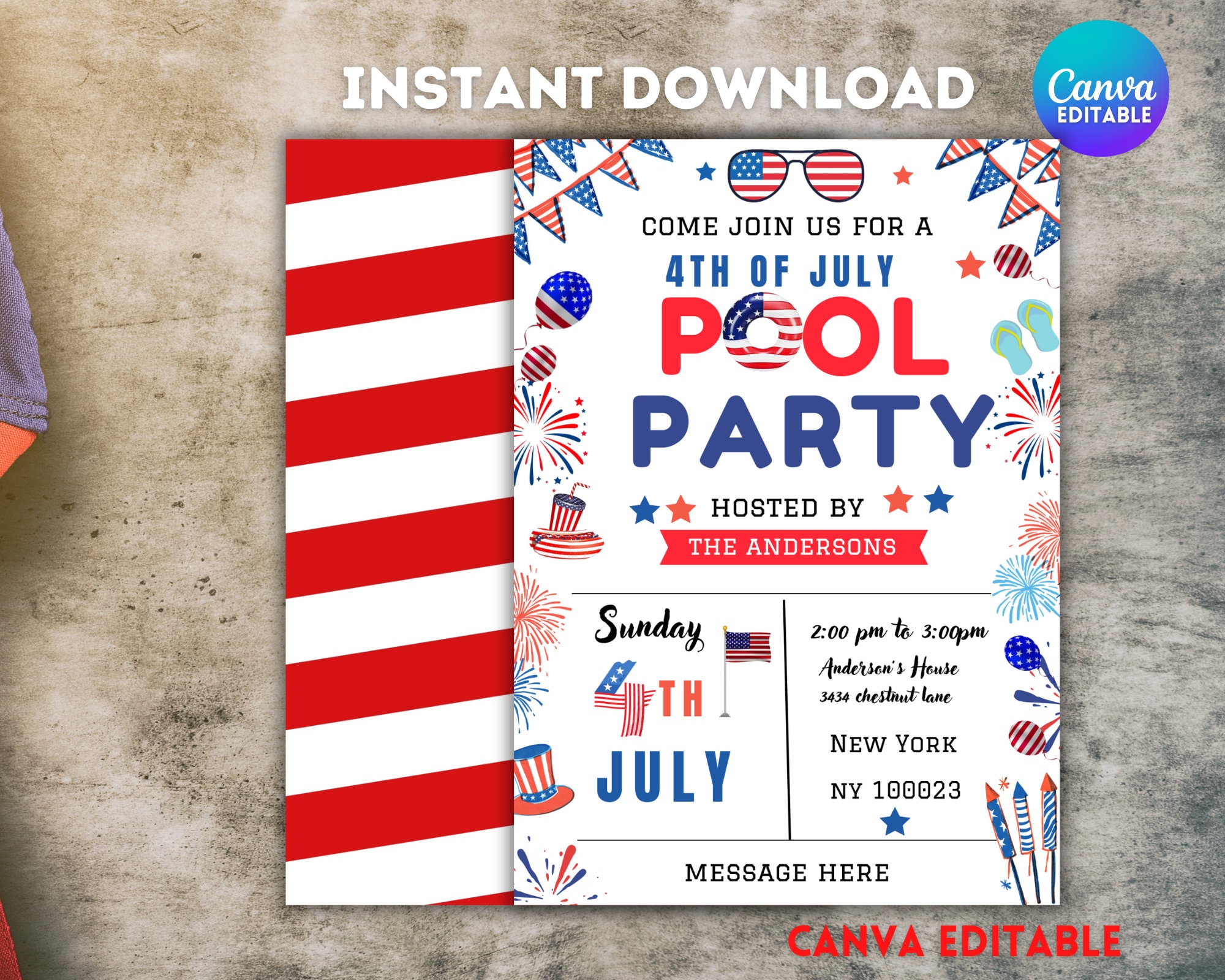 Editable 4th of July Pool Party Invitation Template (digital Download ...