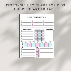Editable Responsibility Chore Chart for Kids, Printable, Kids Daily ...