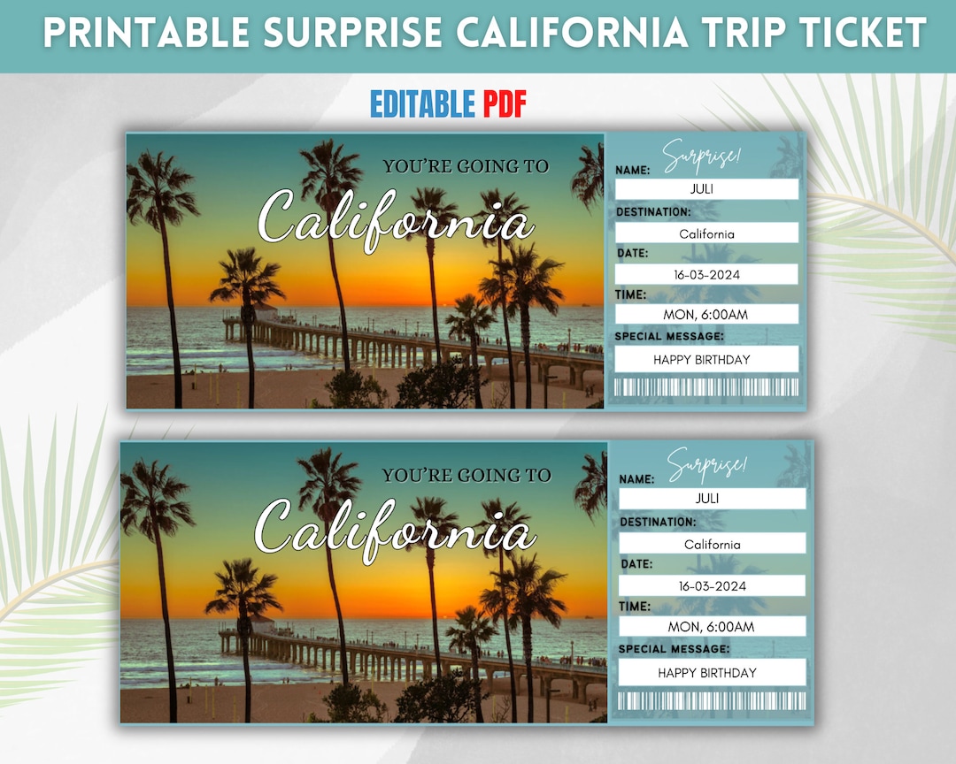Printable California Surprise Trip Ticket: Editable Boarding Pass ...
