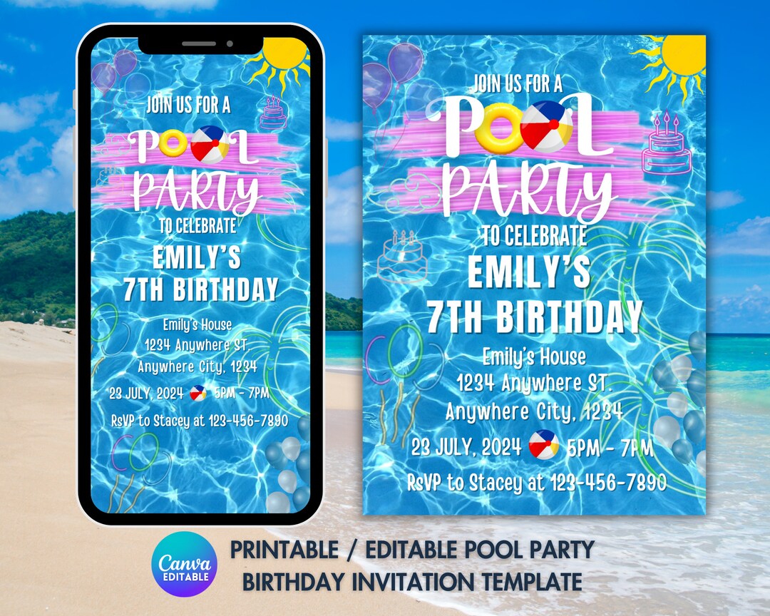 Printable Pool Party Invitation, Summer Birthday Party Evite, Text ...