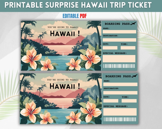 Printable Hawaii Surprise Trip Ticket, Boarding Pass Ticket Template ...