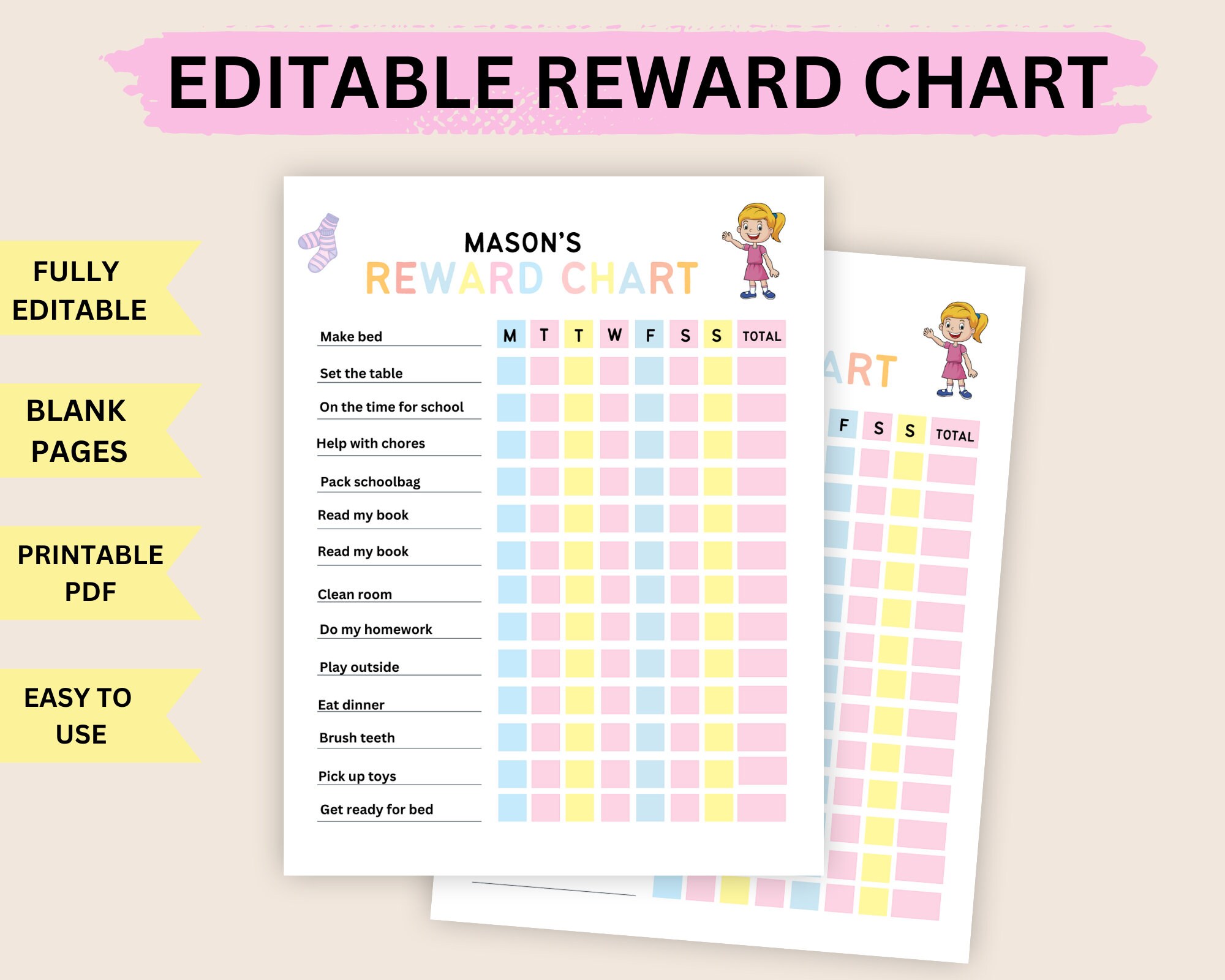 Editable Kids Chore Chart, Responsibility Chart, Chore Chart for Kids ...