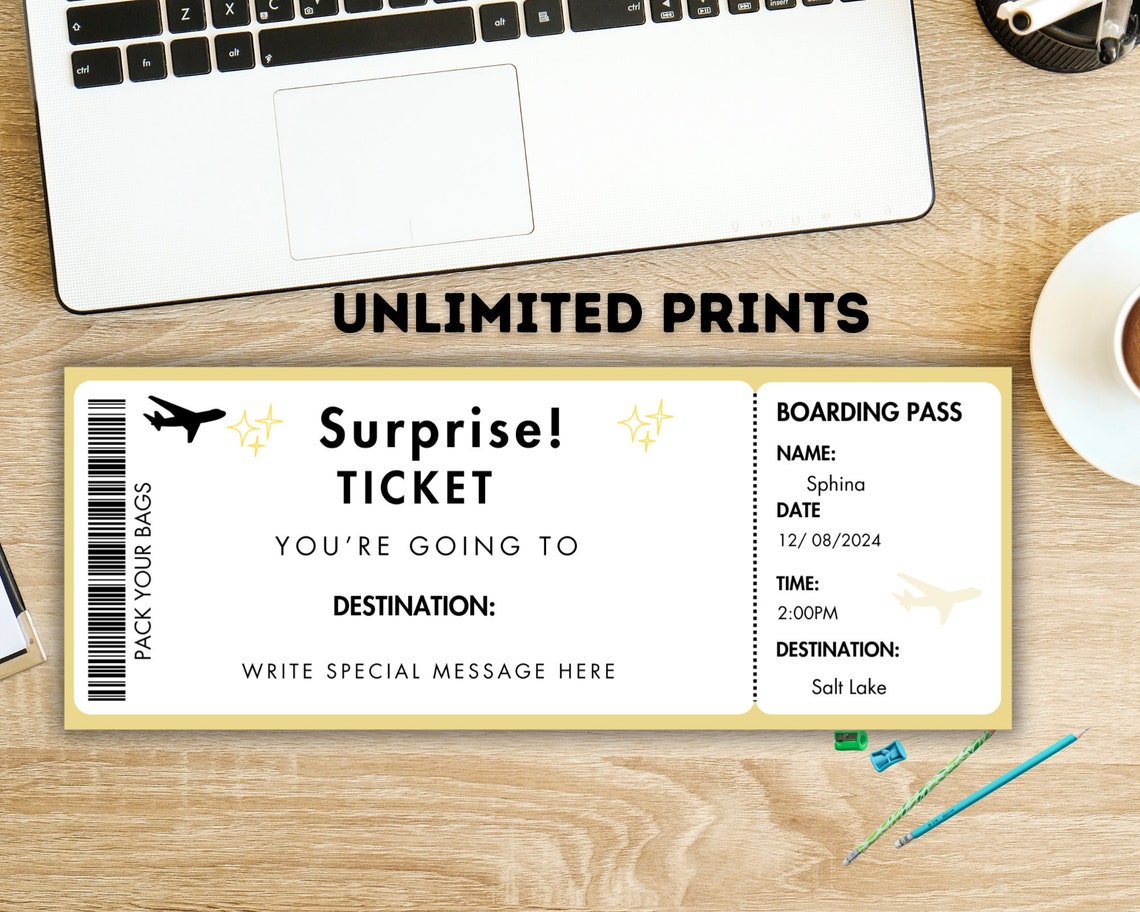 Editable Boarding Pass Template, Printable Personalized Airline Ticket ...