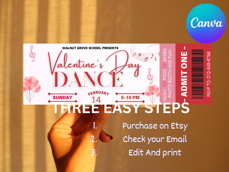 Editable Valentine's Dance Ticket Template (instant Download) - Etsy
