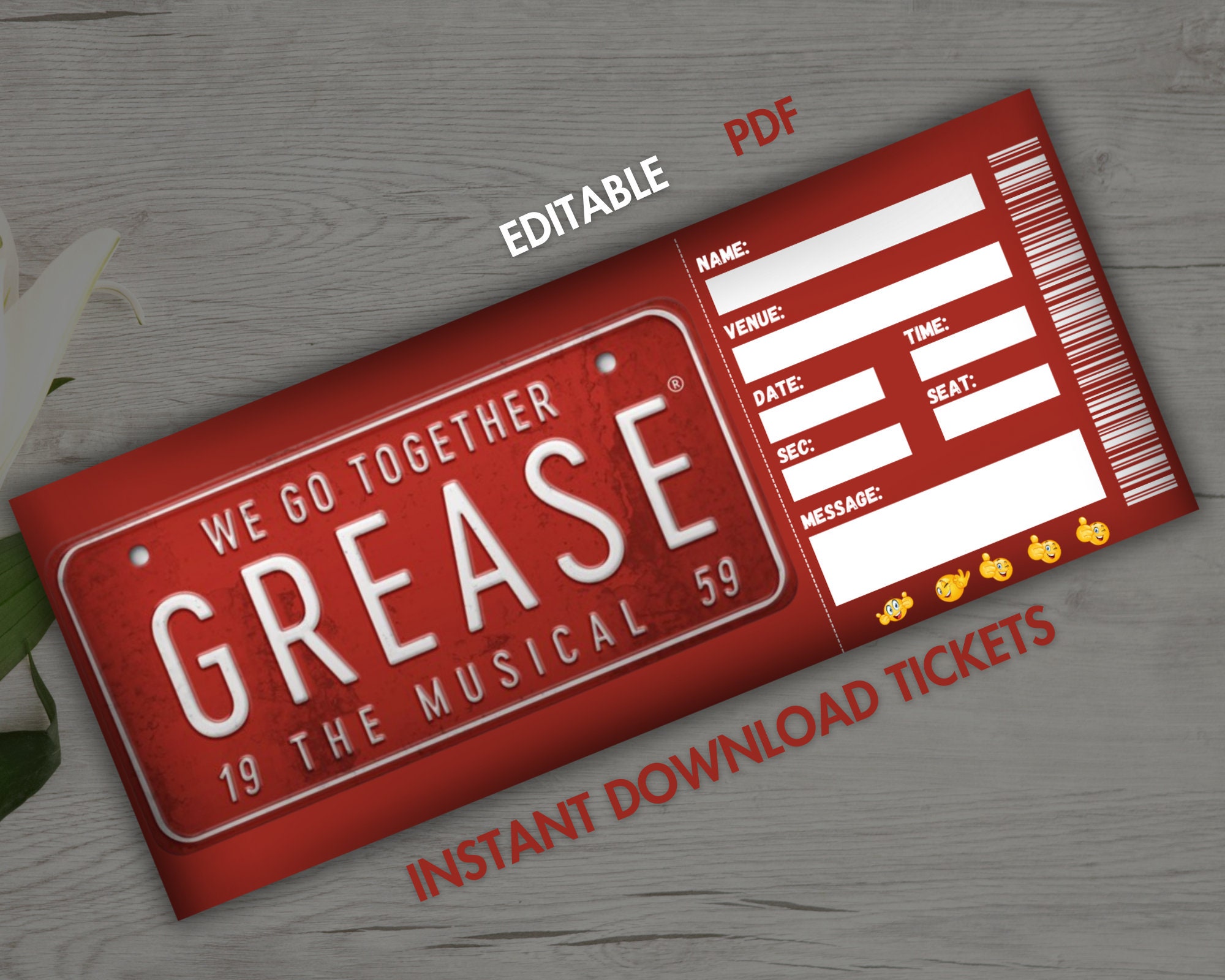 Editable Grease Broadway Surprise Ticket: Printable Musical Theatre ...