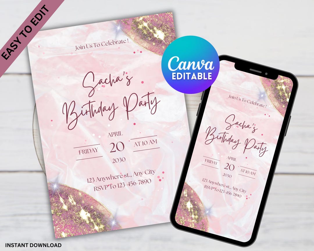 Editable Pink and White Watercolor Birthday Party Invitation, Editable ...