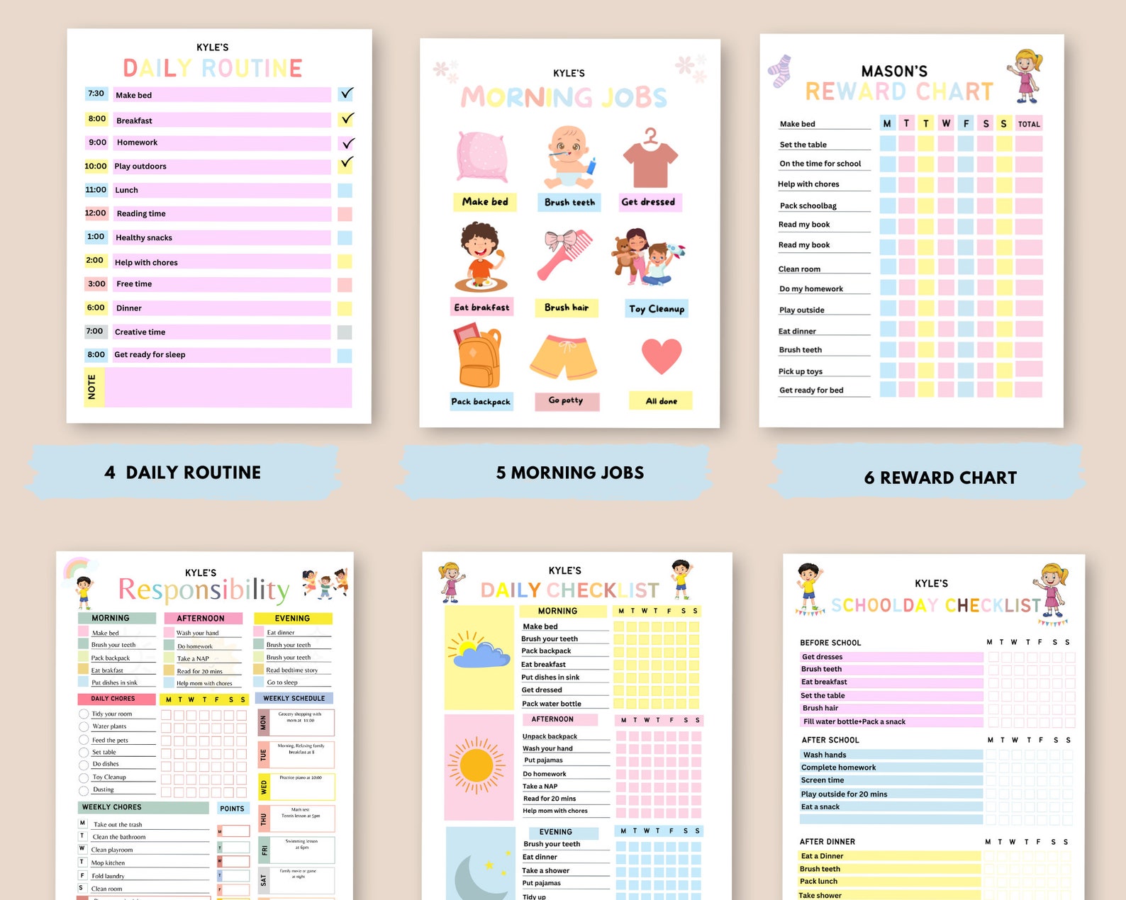 Editable Kids Chore Chart, Responsibility Chart, Chore Chart for Kids ...