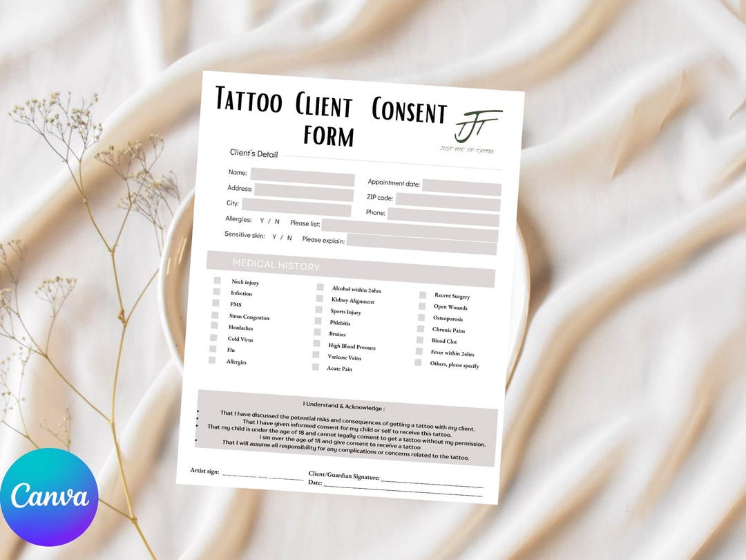 Tattoo Intake Form | Tattoo Consent Form | Tattoo Artist Forms | Tattoo ...
