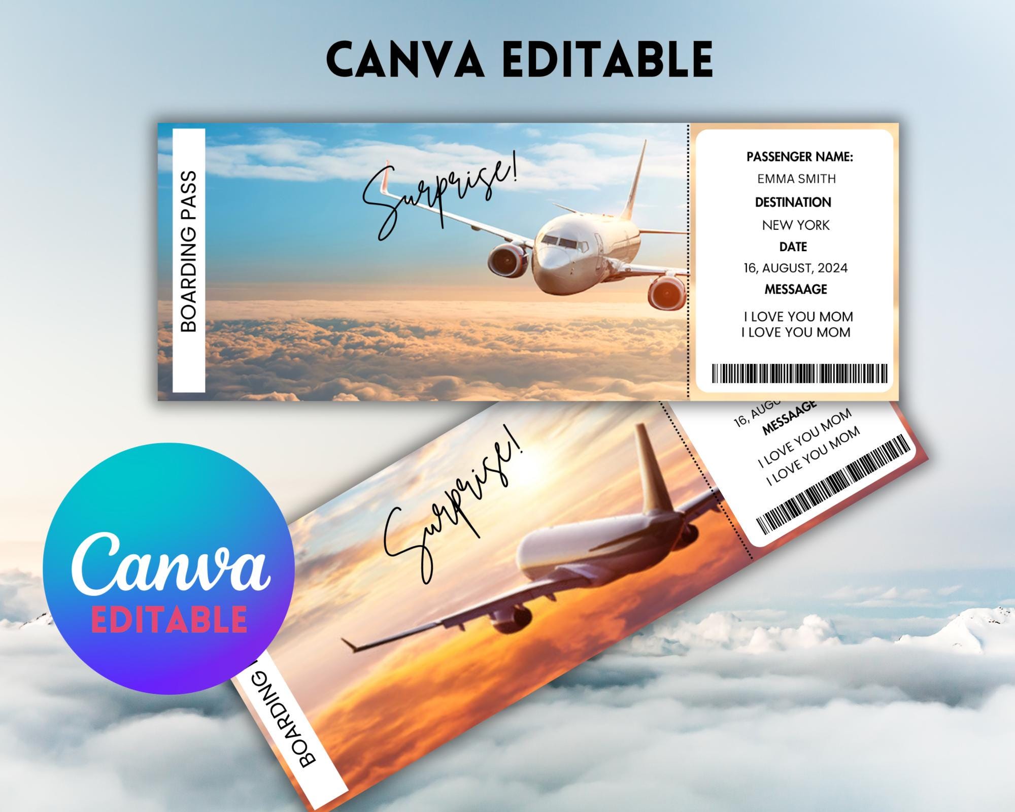 Editable Boarding Pass Template: DIY Printable Airline Ticket (digital ...