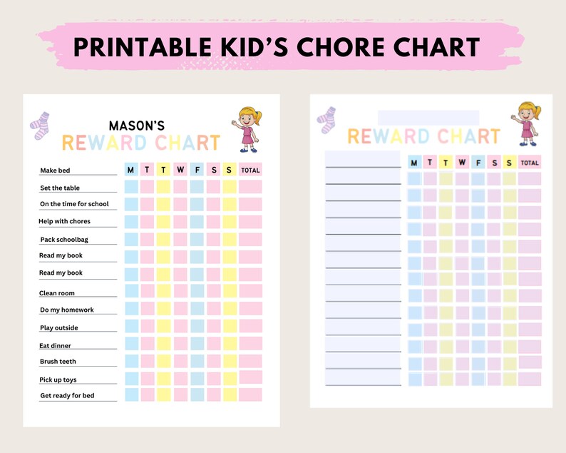 Editable Kids Chore Chart, Responsibility Chart, Chore Chart for Kids ...