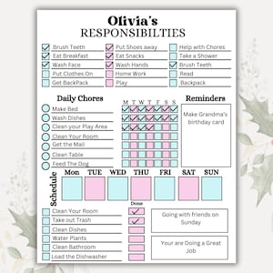 Editable Responsibility Chore Chart for Kids, Printable, Kids Daily ...