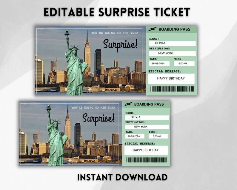 Printable New York Surprise Trip Ticket: Editable Boarding Pass ...