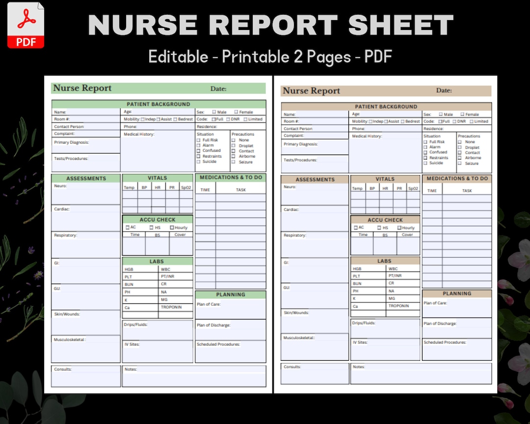 Editable Nursing Report Sheet, Nurse Brain Sheet, Printable Nurse ...