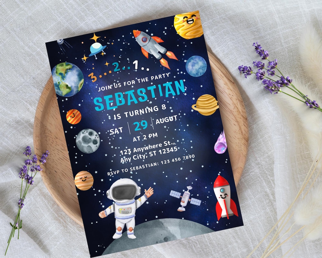 Editable Outer Space Birthday Invitation Template, Planets Rocket Ship ...