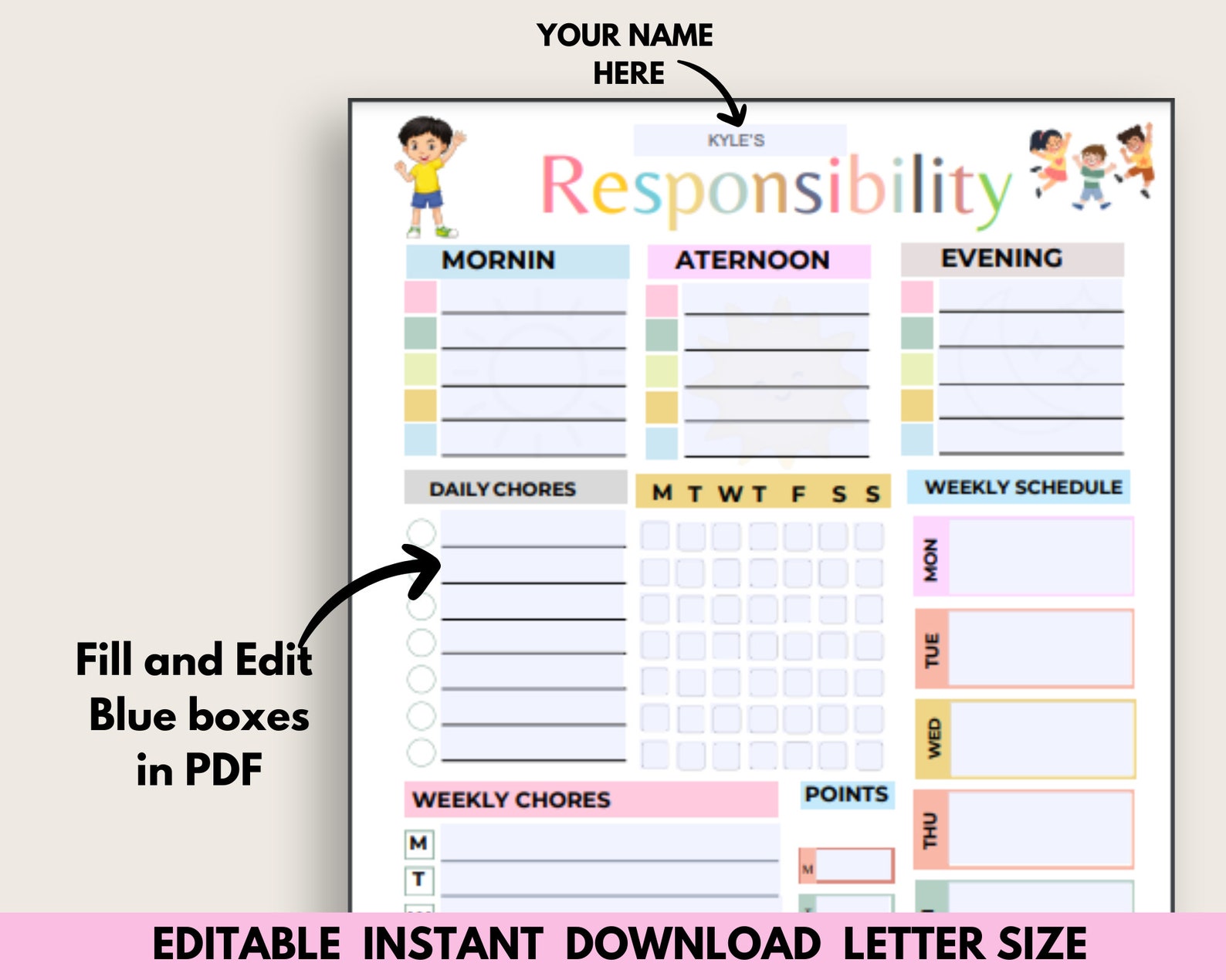 Editable Kids Chore Chart, Responsibility Chart, Chore Chart for Kids ...