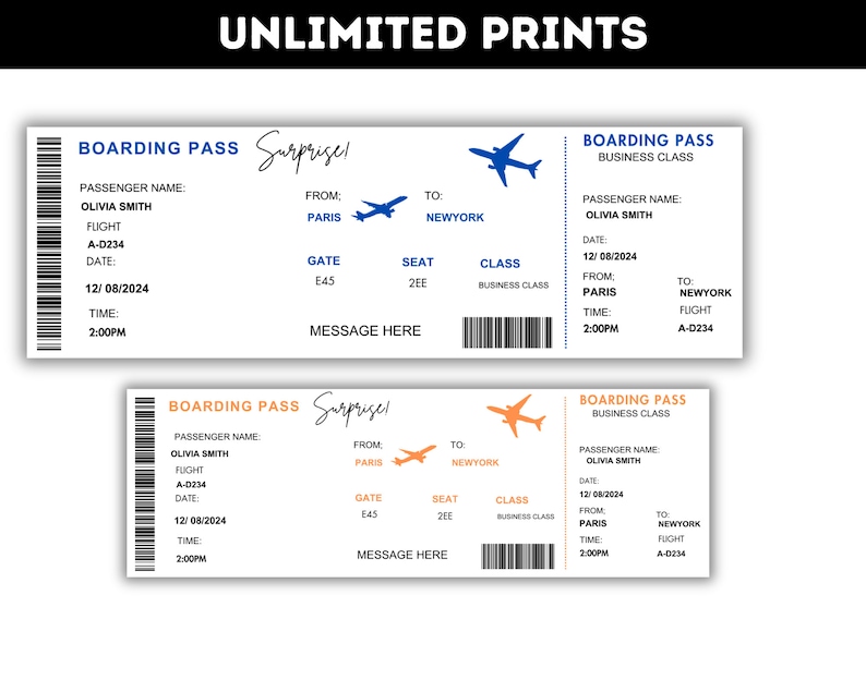 Editable Boarding Pass Template: Personalized Airline Ticket (digital ...