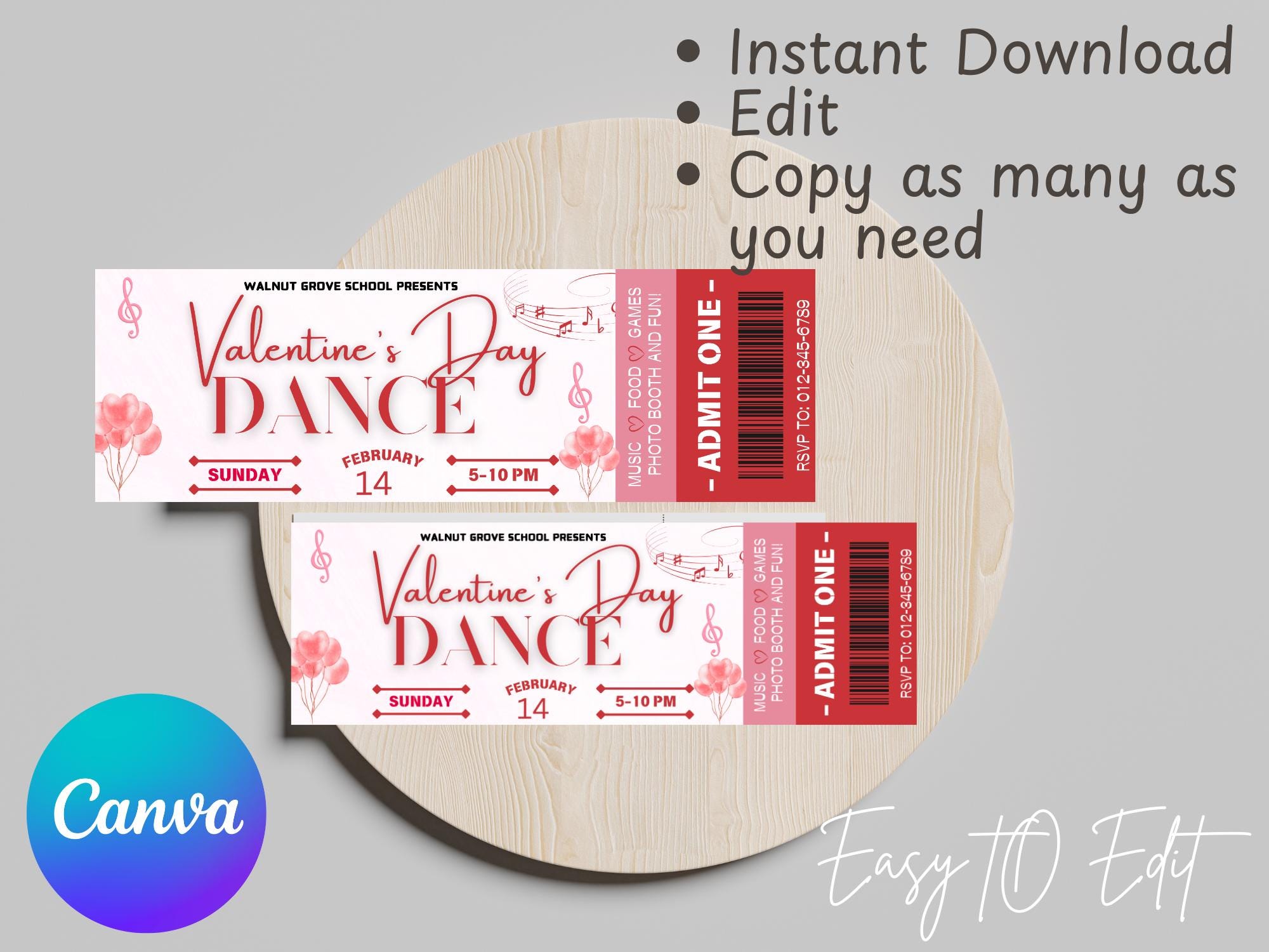Editable Valentine's Dance Ticket Template (instant Download) - Etsy