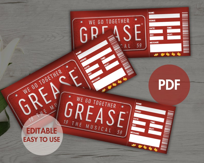 Editable Grease Broadway Surprise Ticket: Printable Musical Theatre ...