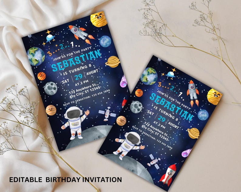 Editable Outer Space Birthday Invitation Template, Planets Rocket Ship ...