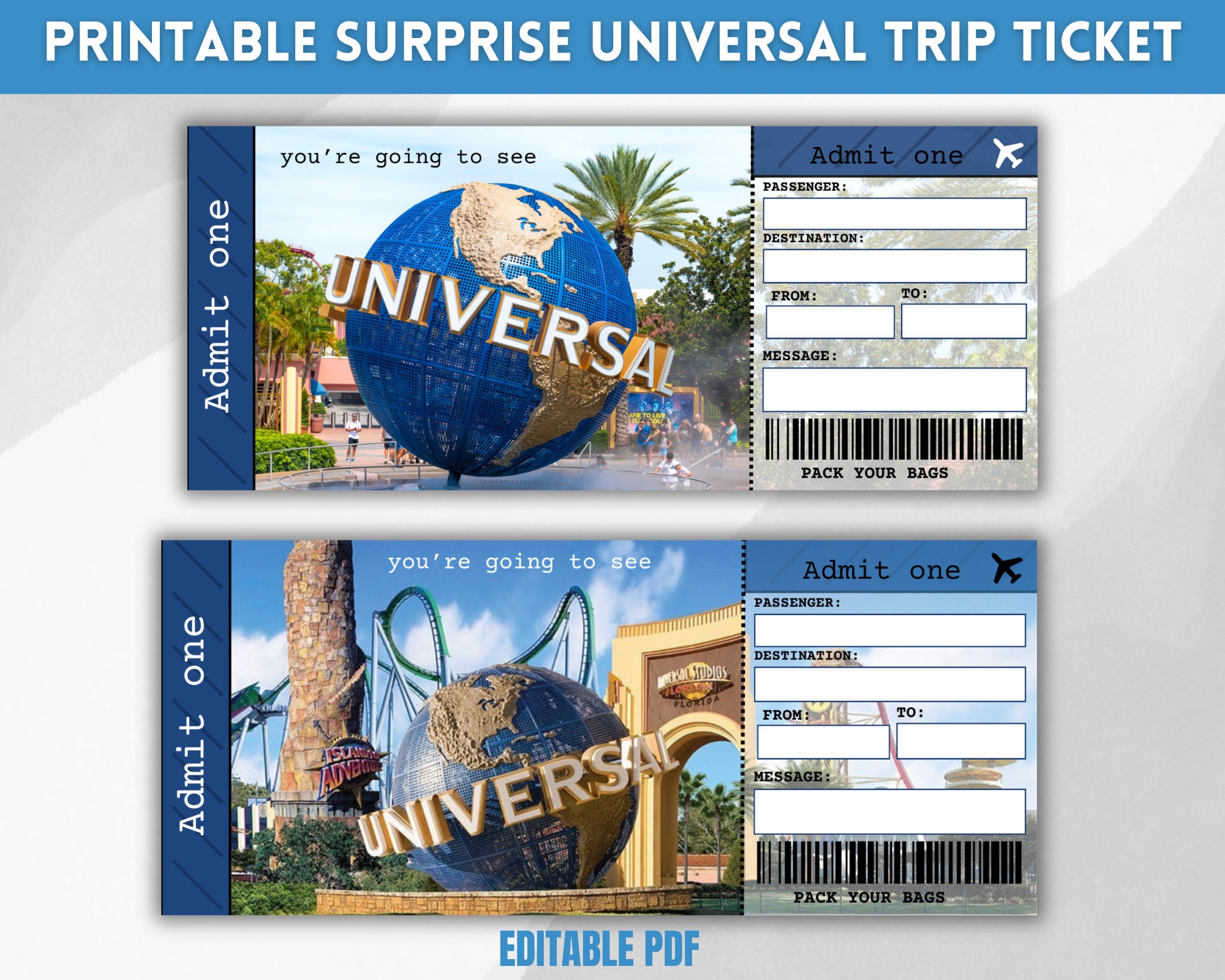 Printable Surprise Universal Trip Ticket, Boarding Pass Ticket ...