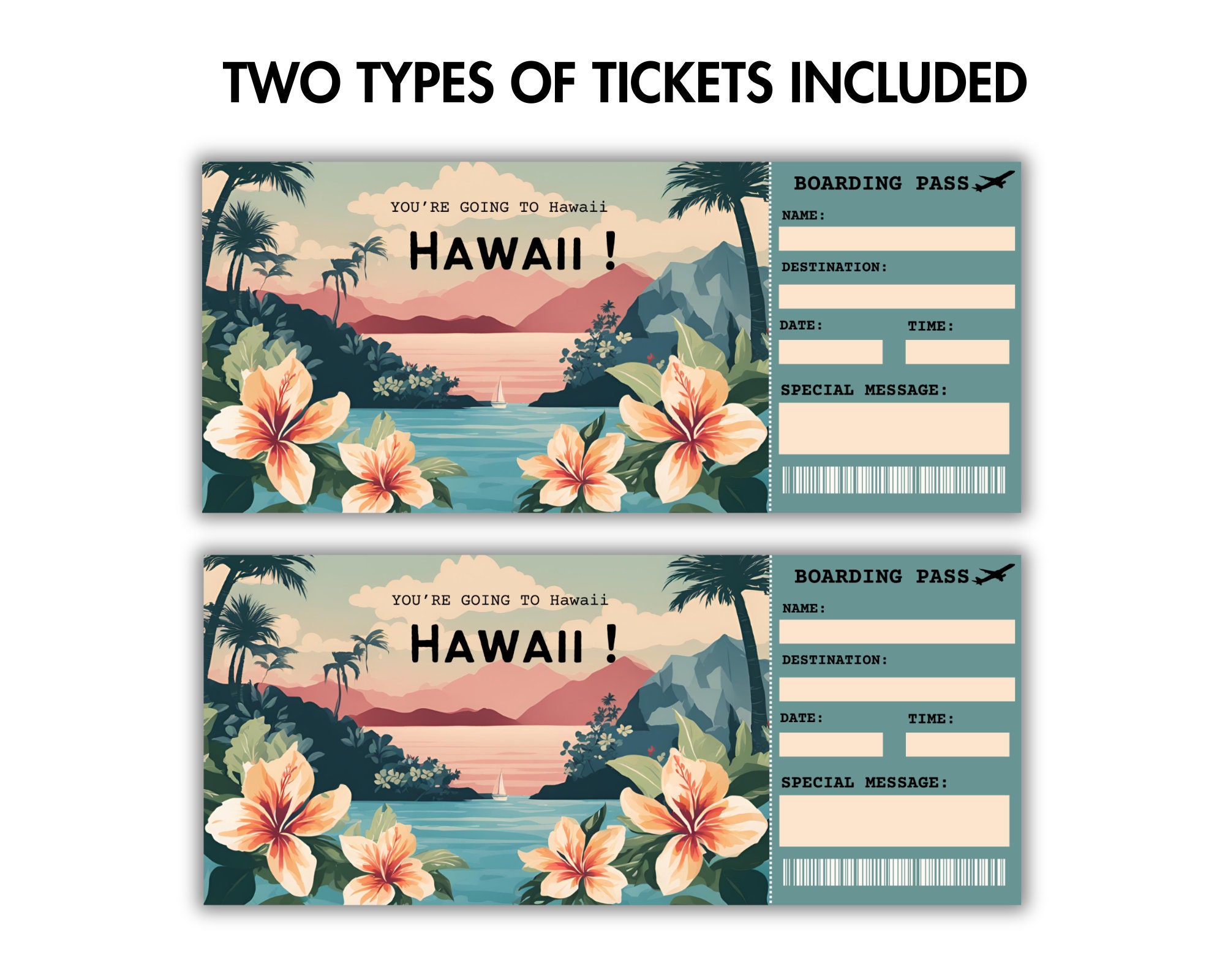 Printable Hawaii Surprise Trip Ticket, Boarding Pass Ticket Template ...