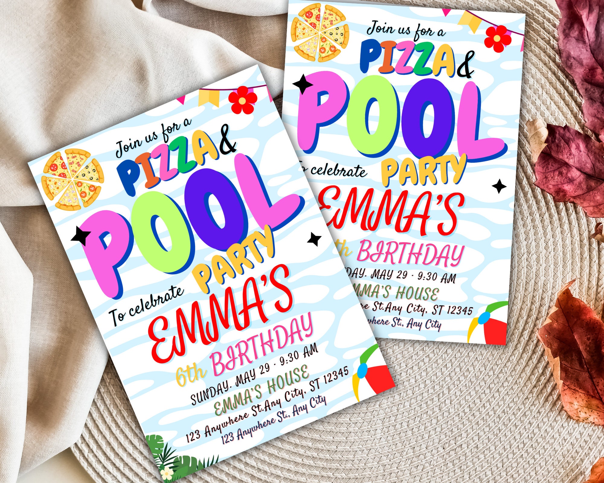 Printable Pizza Pool Party Birthday Invitation Template, Boy Pool Party ...