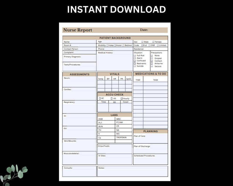 Editable Nurse Report Sheet: ICU Patient Assessment (printable PDF ...