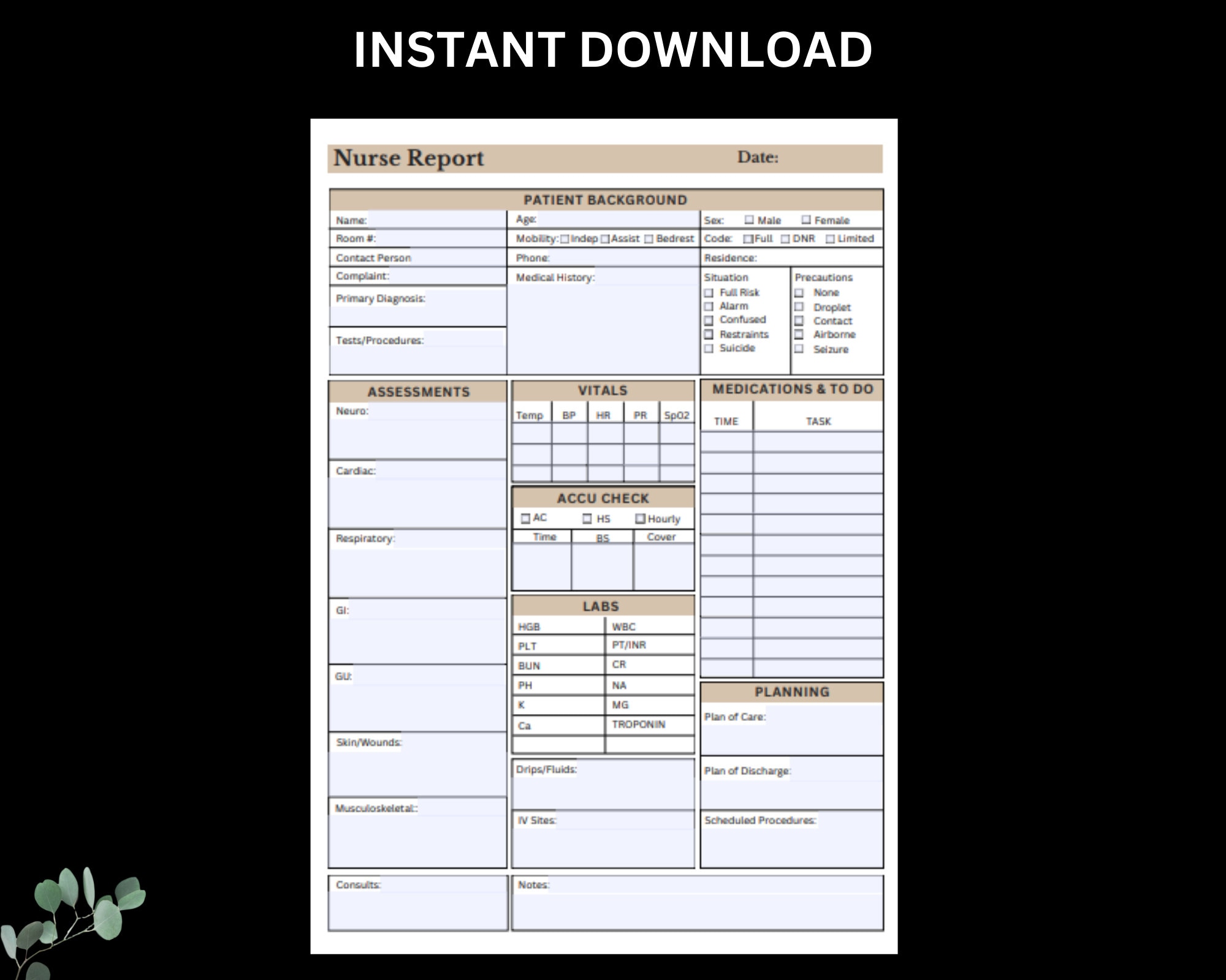 Editable Nursing Report Sheet, Nurse Brain Sheet, Printable Nurse ...