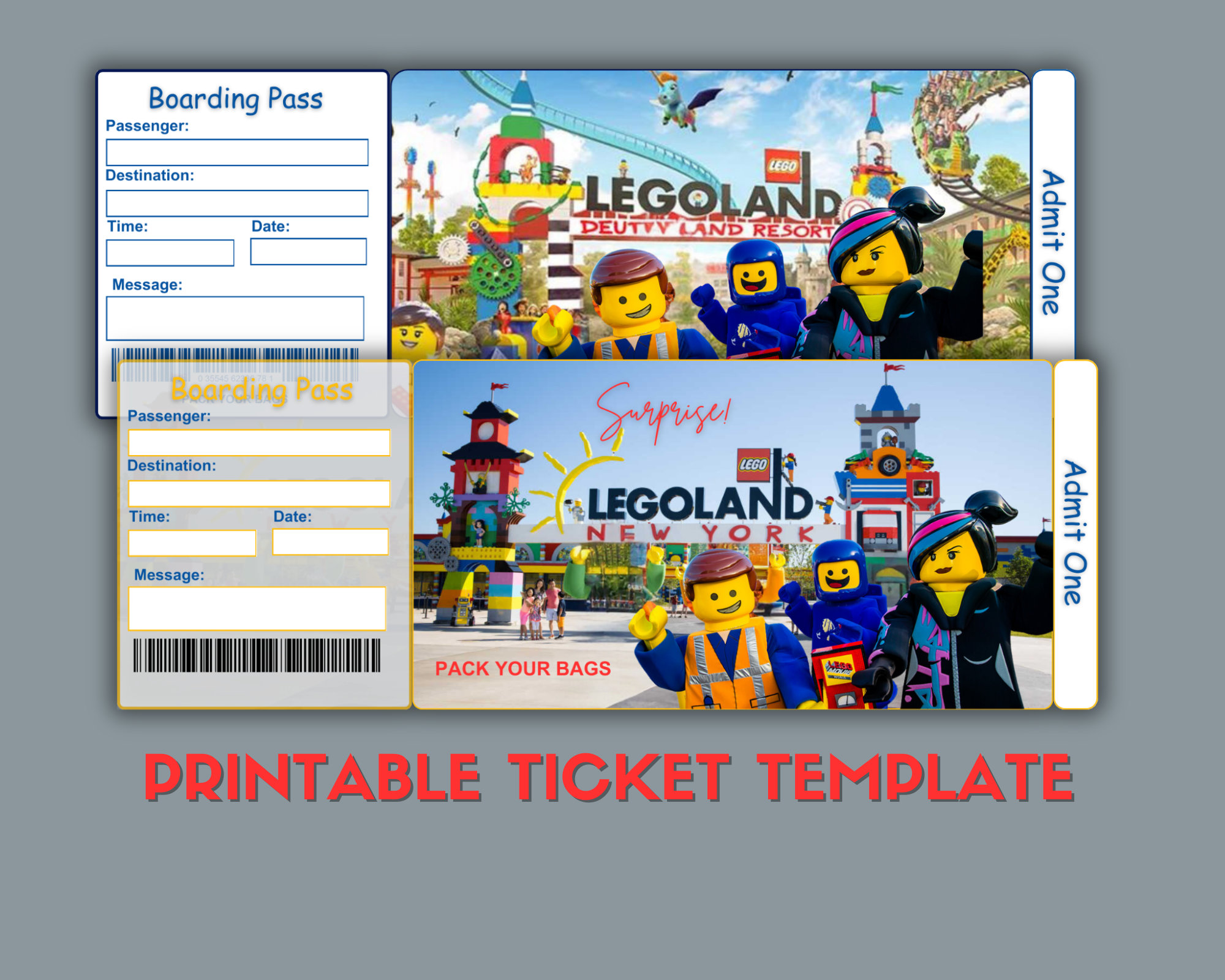 Editable Legoland Theme Park Boarding Pass Ticket, Vacation Trip Ticket ...