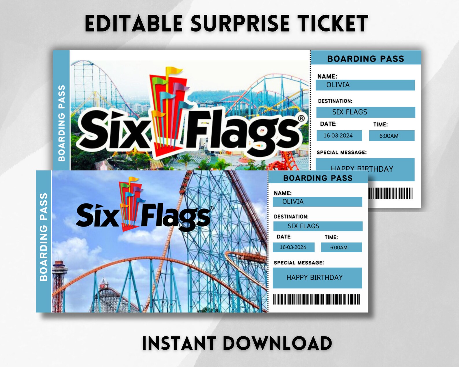 Printable Six Flags Surprise Ticket: Editable Boarding Pass (PDF) - Etsy