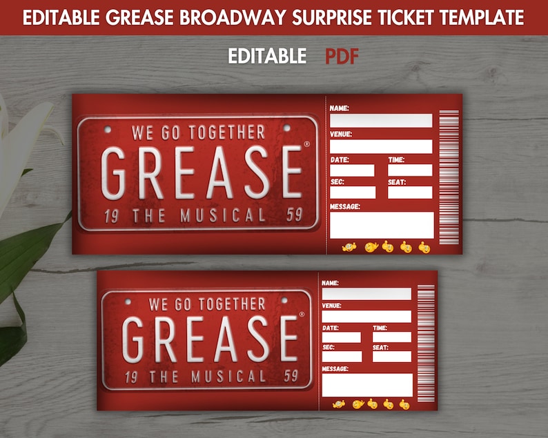 Editable Grease Broadway Surprise Ticket: Printable Musical Theatre ...