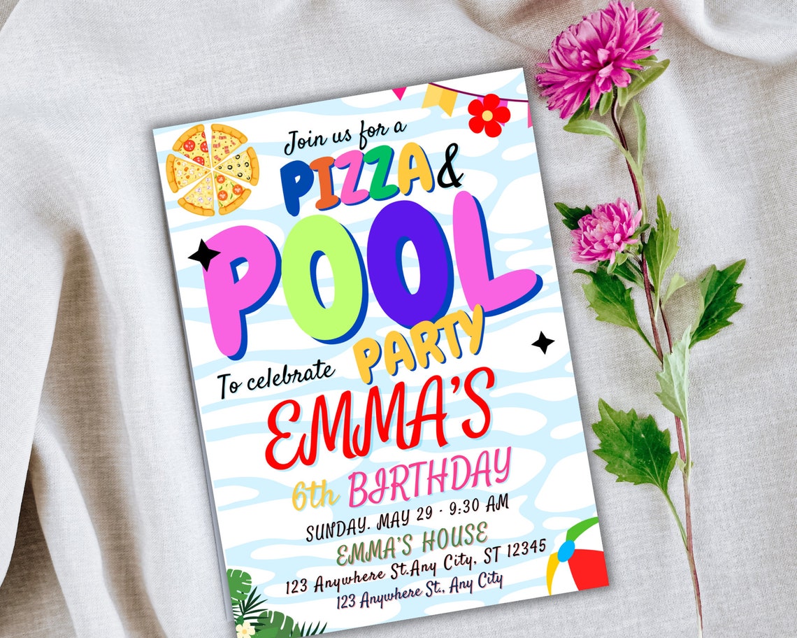 Printable Pizza Pool Party Birthday Invitation Template, Boy Pool Party ...