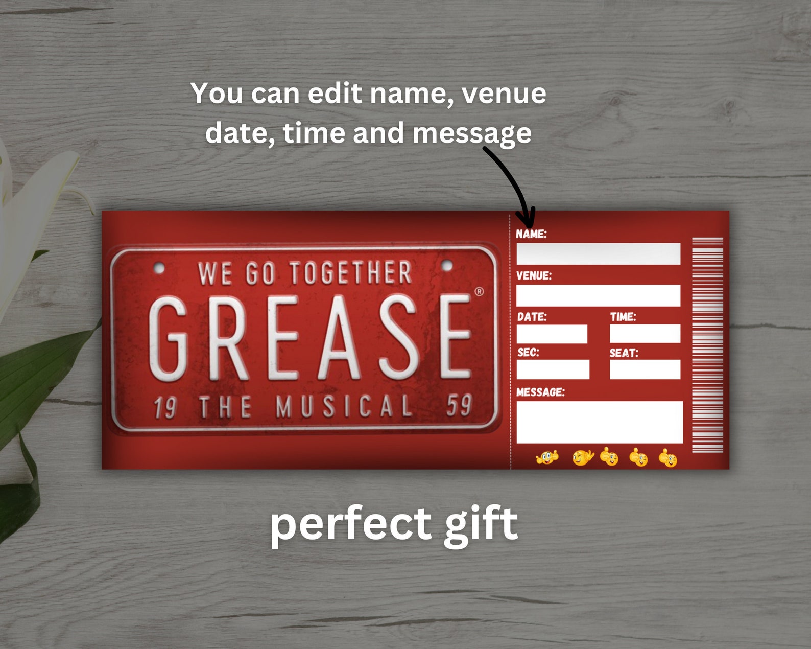 Editable Grease Broadway Surprise Ticket: Printable Musical Theatre ...